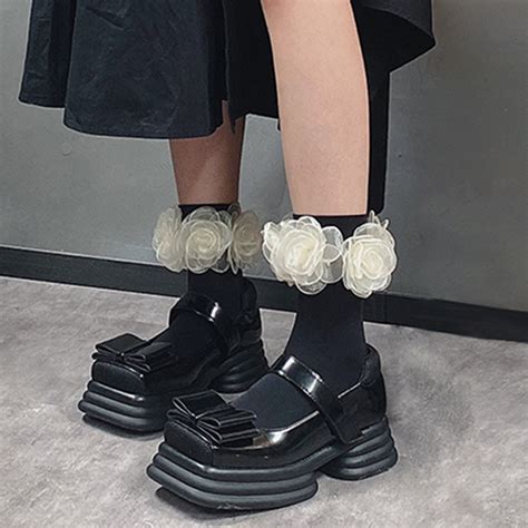 原创夏季薄款天鹅绒立体纱白色山茶花中筒袜日系纯棉黑色堆堆袜子虎窝淘