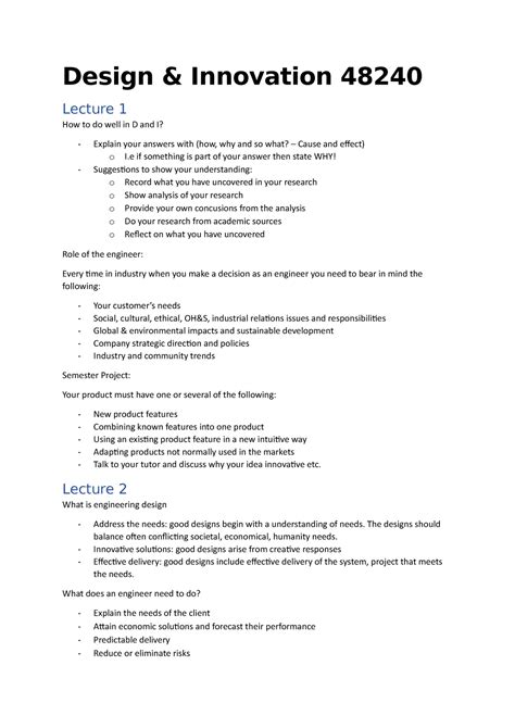 Design And Innovation Lecture Notes Lectures Notes From 1 To 2