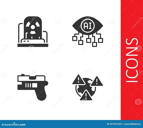 Set Earth With Exclamation Mark Radioactive Warning Lamp Futuristic Weapon And Computer Vision