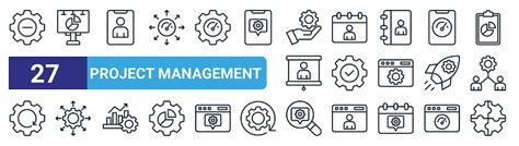 제거 파이 카트 프로필 프로필 확인 프로젝트 관리 메시지 웹 디자인 모바일 앱을위한 솔루션 벡터 얇은 선 아이콘과 같은 27 개의 개요 웹 프로젝트 관리 아이콘 세트 개발에