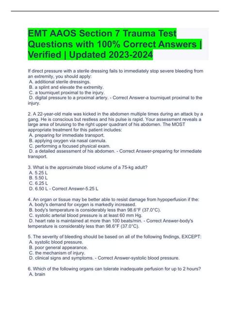 EMT AAOS Section 7 Trauma Test Questions With 100 Correct Answers Verified Updated AAOS