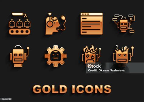 로봇 깨진 로봇 불에 타버린 컴퓨터 Api 인터페이스 로봇의 산업 생산 및 배터리 충전 아이콘을 설정합니다 벡터 Brand