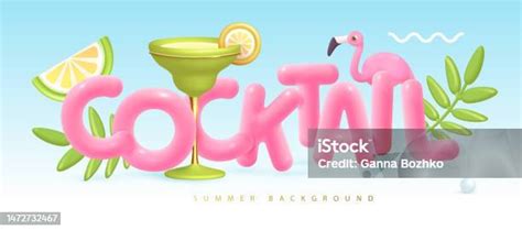 여름 칵테일 디스코 파티 타이포그래피 포스터에는 3d 플라스틱 텍스트 칵테일 열대 잎 플라밍고가 있습니다 벡터 그림 3차원 형태에 대한 스톡 벡터 아트 및 기타 이미지