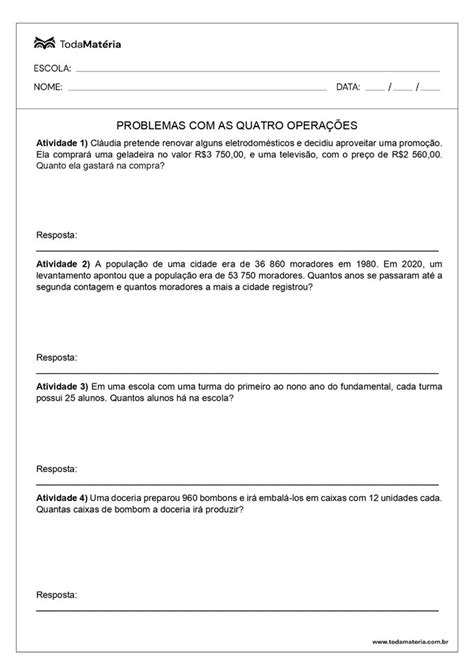 Folhas De Atividades Com Problemas Das Quatro Operações Toda Matéria