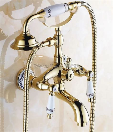 Wall Mounted Bathroom Dual Handles Dual Control Gold Color Brass Bath