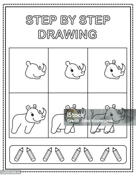 코뿔소 책 페이지 단계별로 그리기 흑인과 백인 벡터 색칠 공부 페이지입니다 공부에 대한 스톡 벡터 아트 및 기타 이미지 공부 교육 귀여운 Istock