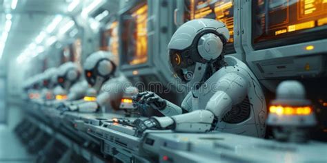 Robots Working On Assembly Line In A Futuristic Factory Stock Image Image Of Precision