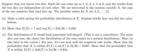 Solved Suppose That You Throw Two Dice Each Die Can Come Up