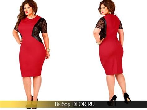 Фото красного платья футляра с вставками черного гипюра