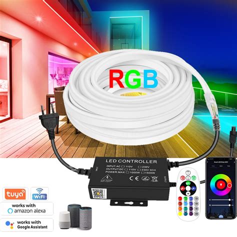 Tuya 와이파이 Led 네온 스트립 Rgb 스트립 조명 220v Eu 방수 Ip67 유연한 테이프 1 100m Led 네온 사인 5050 원격 블루투스 앱