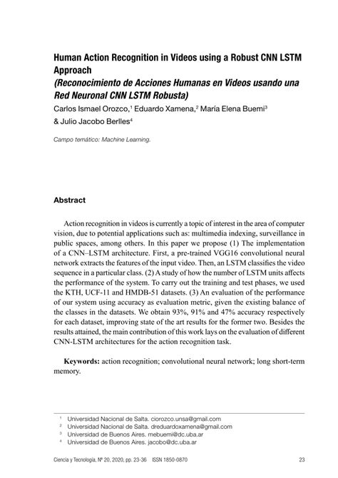 Pdf Human Action Recognition In Videos Using A Robust Cnn Lstm Approach