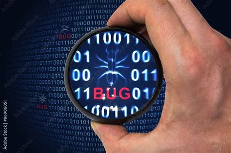 Debugging Binary Code With Bug Inside Magnifying Glass Stock Foto