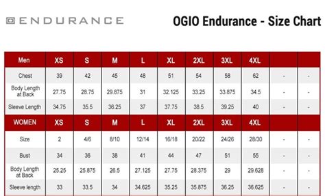 Ogio Size Chart For Men And Women