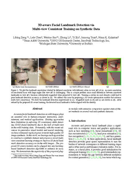 3d aware facial landmark detection via multiview consistent training on synthetic data