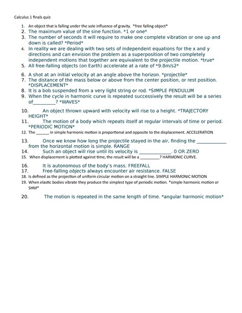 Calculus Finals Quiz Calculus Finals Quiz An Object That Is Falling Under The Sole