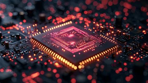 Close Up View Of Advanced Glowing Microchip On Electronic Circuit Board Stock Illustration