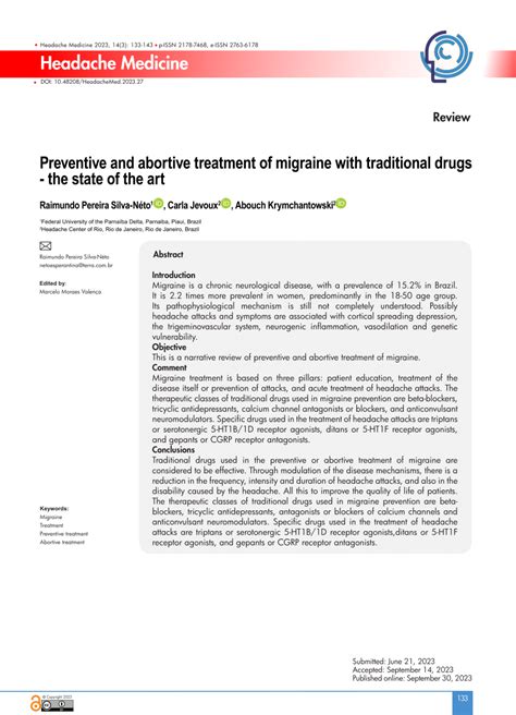 PDF Preventive And Abortive Treatment Of Migraine With Traditional Drugs The State Of The Art