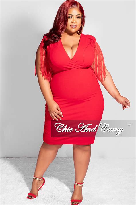 Final Sale Plus Size Faux Wrap Fringe Shoulder Bodycon Dress In Red Chic And Curvy