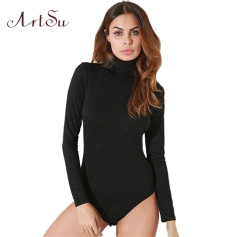 Artsu Women Sexy Bodysuit Clubwear Long Sleeve Turtleneck Black Bodycon