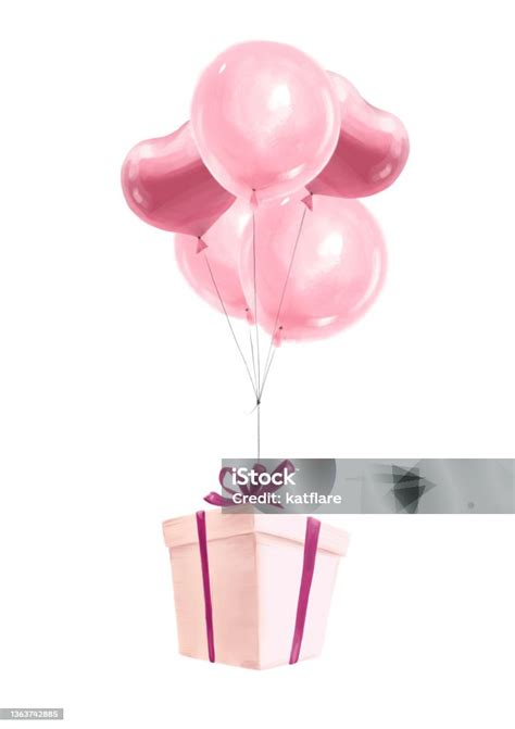 수채화 손으로 그린 일러스트와 선물 상자가 분리 된 분홍색 심장 풍선에 날아 발렌타인 데이 러브 카드 배너 초대장 인쇄물 포스터 승화 등을 위해 수채화에 대한 스톡 벡터