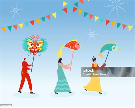 중국 음력 새 해 사람 용 물고기를 잡고 사자 춤 퍼레이드 나 카니발에 중국 전통 의상을 입고 문자 벡터 일러스트 레이 션 가족에 대한 스톡 벡터 아트 및 기타 이미지