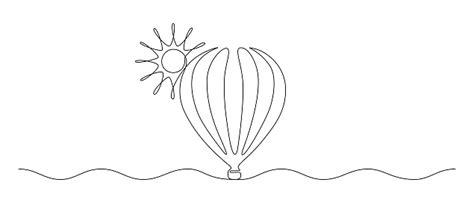 하나의 연속 선 그리기에 태양이 있는 열기구 단순한 선형 스타일의 하늘 로고와 칸막이 개념으로 Aerostat를 타고 비행합니다 편집 가능한 획 낙서 벡터 일러스트 레이 션