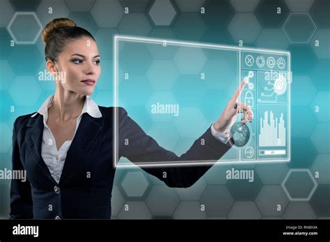 Future Technology With Holographic Interface Futuristic Business Woman Touching Hologram