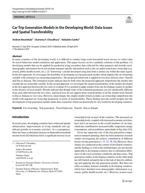 Car Trip Generation Models In The Developing World Data Issues And