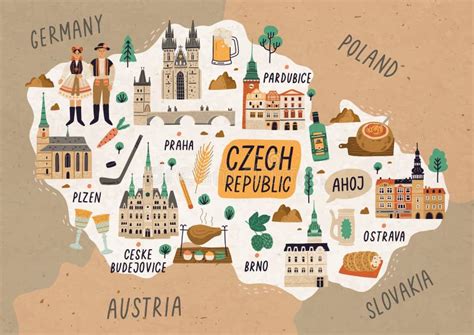 Mapa Cultural De La República Checa Ilustración Dibujada A Mano