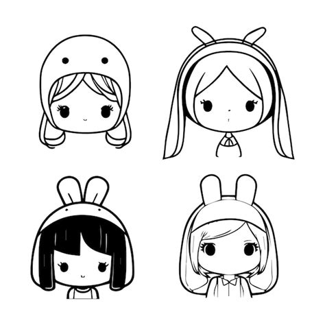 토끼 모자 컬렉션 세트 손으로 그린 그림을 입고 귀여운 소녀 프리미엄 벡터