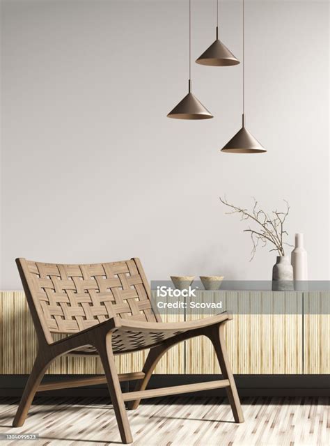 목재 드레서와 고리버들 안락의자가 있는 거실의 인테리어 디자인 현대적인 홈 데코 3d 렌더링 모델하우스 내부에 대한 스톡 사진 및 기타 이미지 Istock