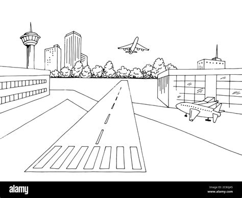 Airport Exterior Graphic Black White Sketch Illustration Vector Stock