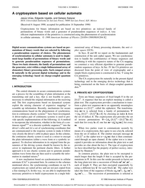 Pdf A Cryptosystem Based On Cellular Automata