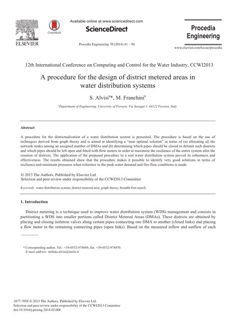 Pdf A Procedure For The Design Of District Metered Areas In Water Distribution Systems