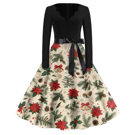 Womens Christmas Print Flare Dress With Snowflake Christmas Tree And
