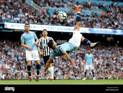 Manchester Citys Sergio Aguero Performs An Overhead Kick During The