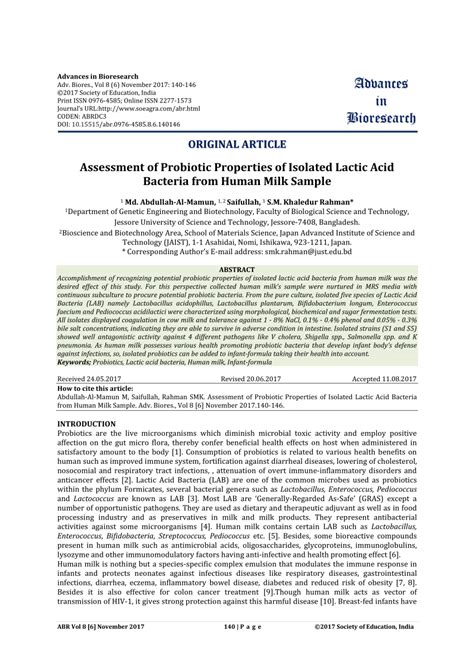 Pdf Assessment Of Probiotic Properties Of Isolated Lactic Acid Bacteria From Human Milk Sample