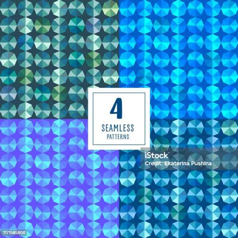 보석 벡터와 원활한 패턴의 집합입니다 추상 원활한 모자이크 흰색 배경에 파란색 톤의 보석 디자인 인쇄 섬유 배경 화면 또는 포장지에 대한 벡터 그림 0명에 대한 스톡 벡터