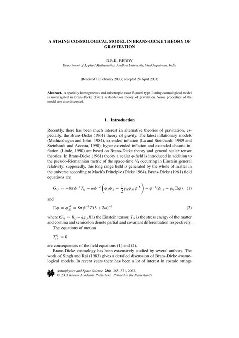 Pdf A String Cosmological Model In Brans Dicke Theory Of Gravitation