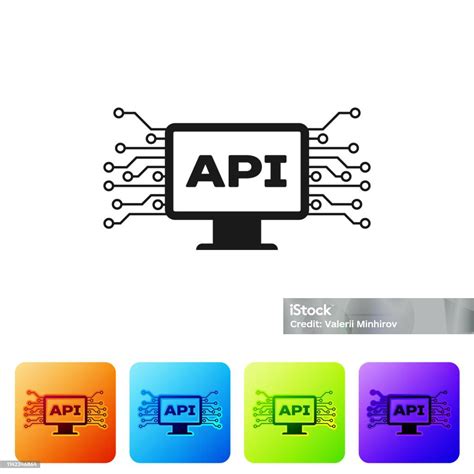 黑色電腦 Api 介面圖示隔離在白色背景應用程式開發介面 Api 技術軟體集成在顏色正方形按鈕中設置圖示向量插圖向量圖形及更多互聯網圖片