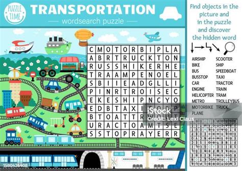 아이들을 위한 벡터 교통 단어 찾기 퍼즐 도시 풍경이 있는 간단한 단어 찾기 퀴즈 비행기 선박 자동차 버스 기차 트램을 이용한 교육 활동 도시 지도와 낱말 맞추기 0명에