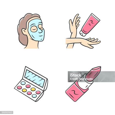 여성 위생 메이크업 컬러 아이콘 세트 스킨 케어 속성 화장품 액세서리 뷰티 살롱 제품 고립 벡터 일러스트레이션 페이스 마스크 핸드 크림 아이섀도우 팔레트 립스틱 개념에 대한
