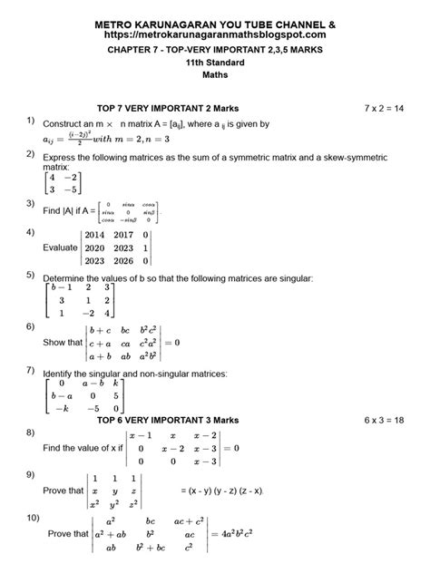 11 Chap 7 Top235 Marks Pdf Matrix Mathematics Mathematical