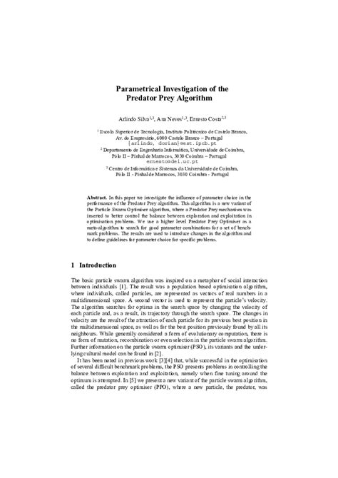 Pdf Parametrical Investigation Of The Predator Prey Algorithm