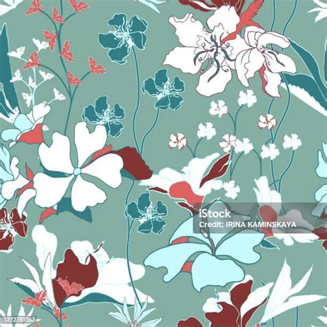 파란색 배경에 흰색 꽃이있는 밝은 꽃 무늬 매끄러운 여름 프린트 벡터 일러스트레이션 0명에 대한 스톡 벡터 아트 및 기타 이미지 0명 공단 그래픽 프린트 Istock