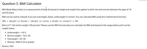 Solved Question BMI Calculator BMI Body Mass Index Is A Chegg