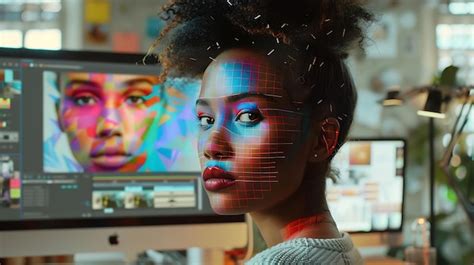 A Woman Is Looking At A Computer Screen With The Words Quot Apple Quot On It Premium Ai