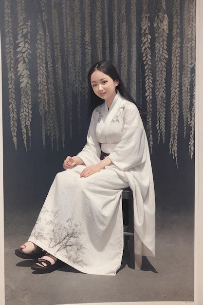 Premium Ai Image A Girl In A White Kimono Sits On A Chair In Front Of