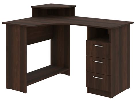 Невеликий кутовий компютерний стіл з полицею для монітора та висувними маленькими ящиками