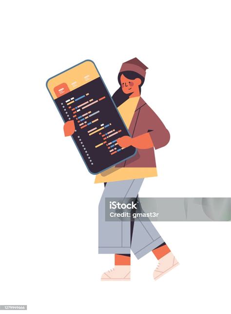 Vetores De Desenvolvedora Web Feminina Usando Smartphone Criando